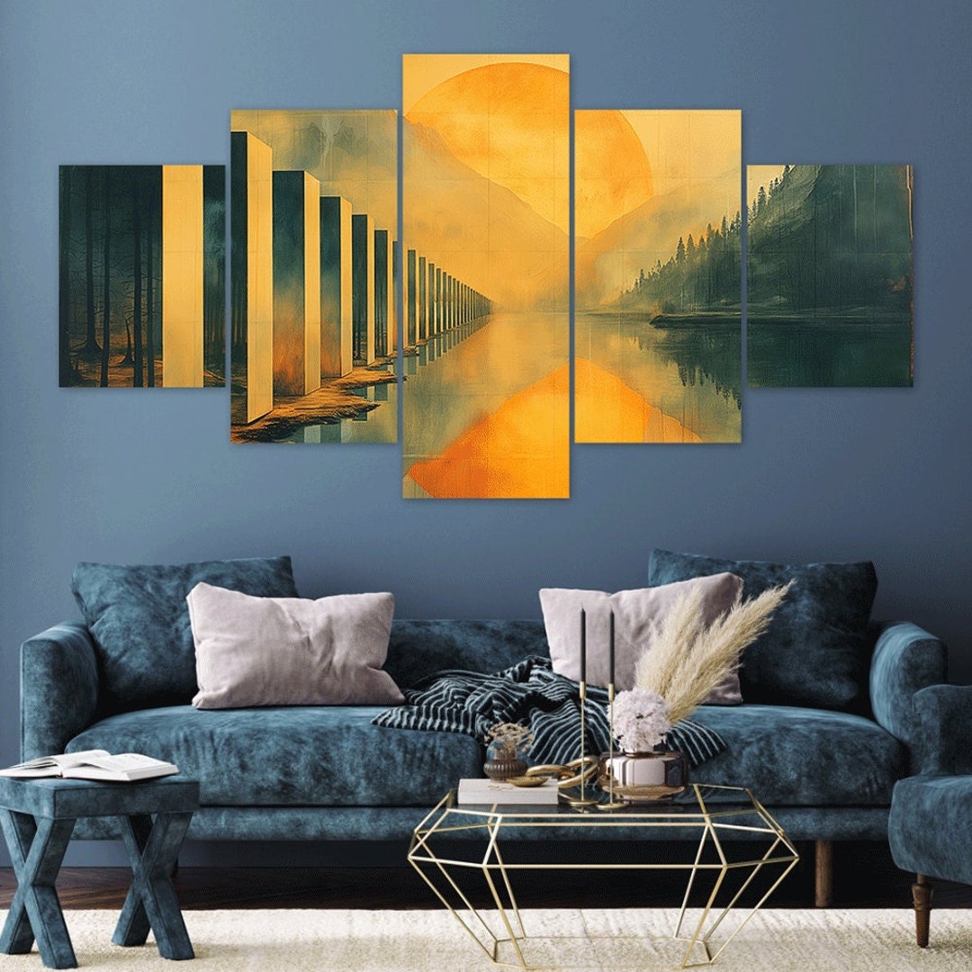 Surreal Golden Sunset Landscape Natural and Geometric Forms 5 Piece ...