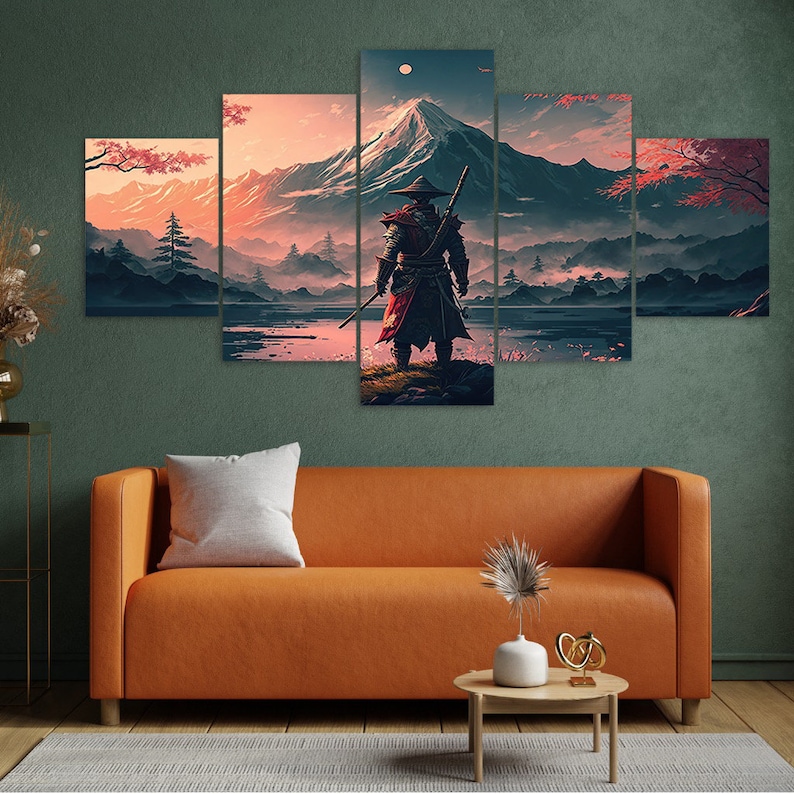 Standing Samurai Mountain Landscape 5 Piece Canvas Wall Art Framed ...