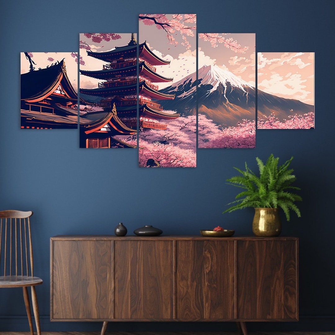 Mount Fuji Sakura Trees 5 Piece Canvas Wall Art Framed Multi Panel ...