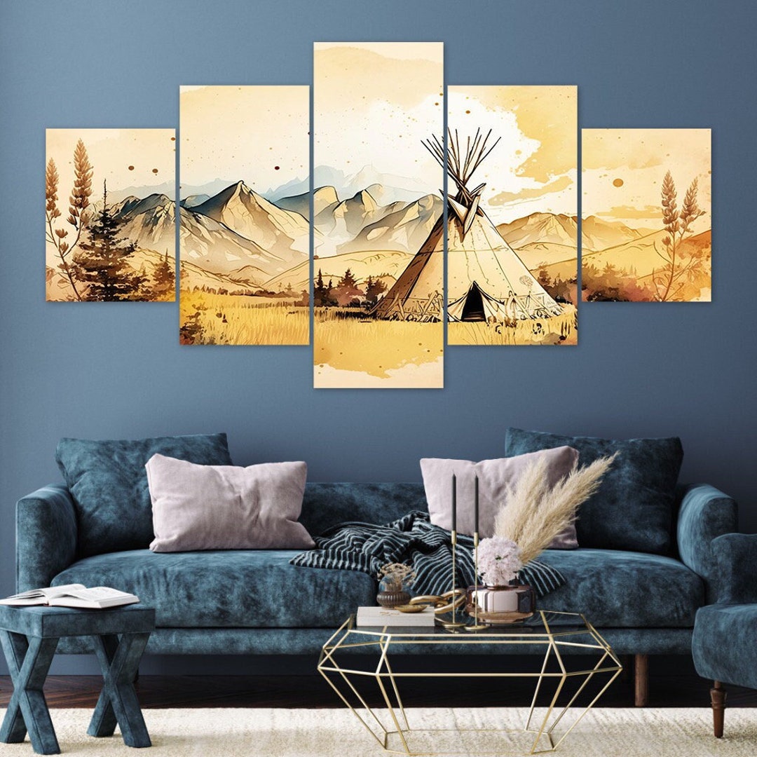 Native American Tipi Soft Golden Colours 5 Piece Canvas Wall Art Framed ...