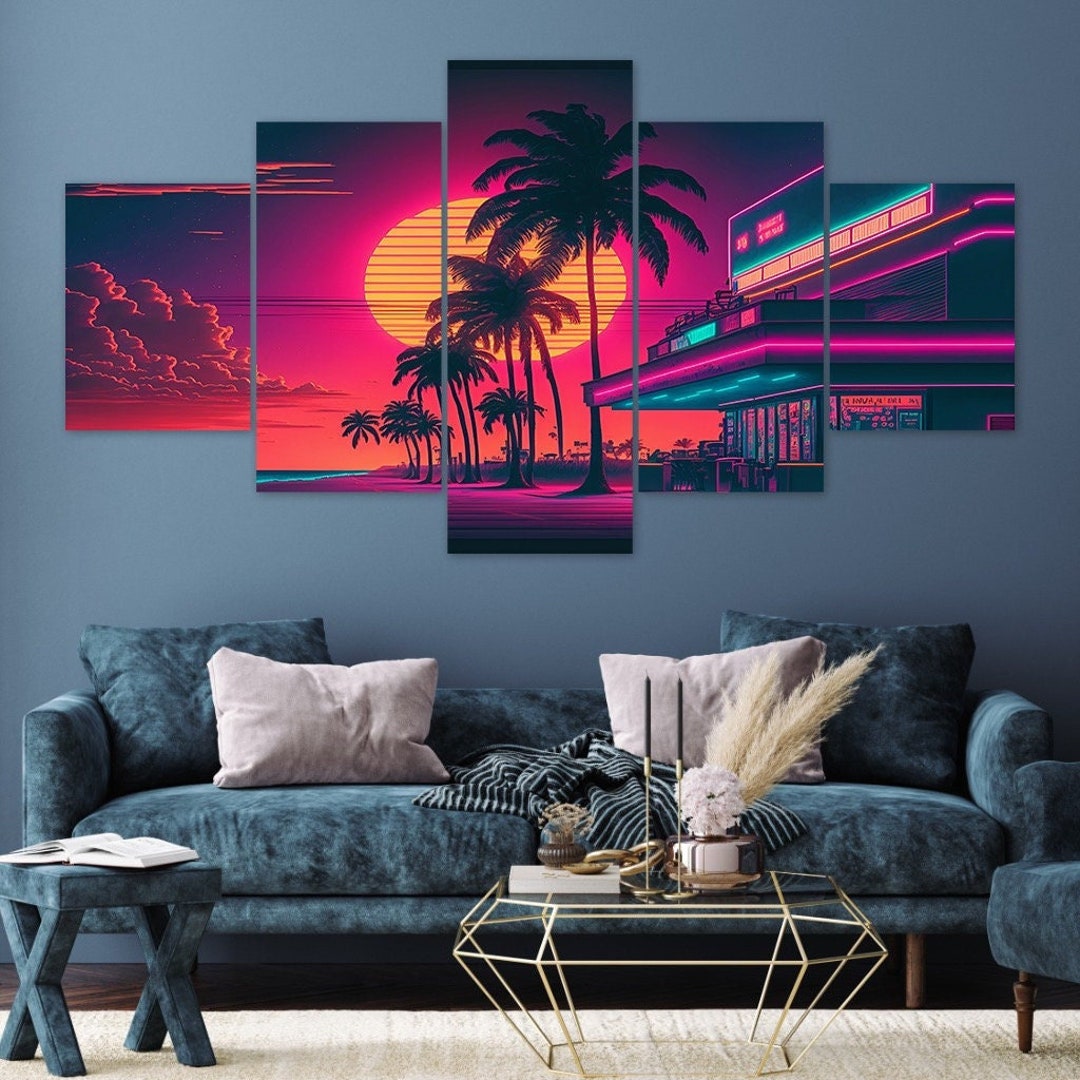 Neon Boardwalk Florida Miami Synthwave Sunset 5 Piece Canvas Wall Art ...