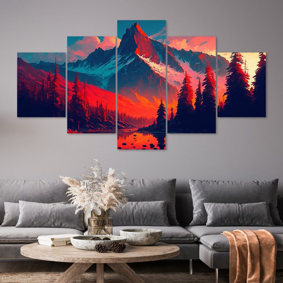Red Lake Forest Mountains Canvas Wall Art, 5 Piece Multi Panel Print - Etsy