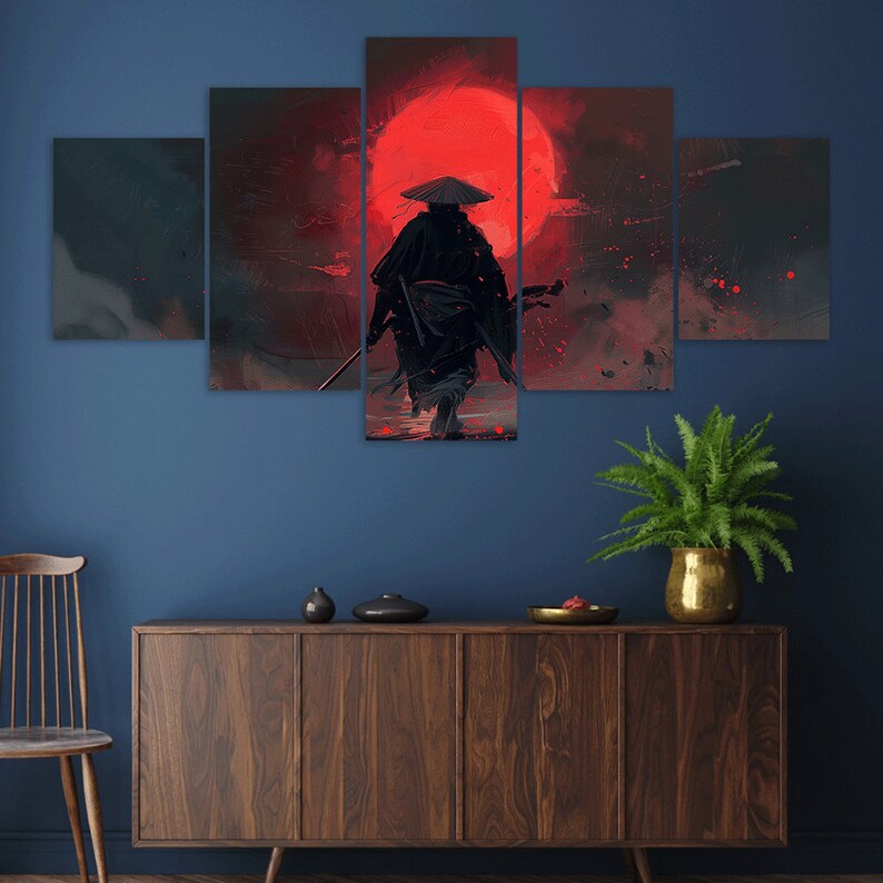 Samurai Red Moon Canvas Wall Art, 5 Panel Japanese Decor - Etsy