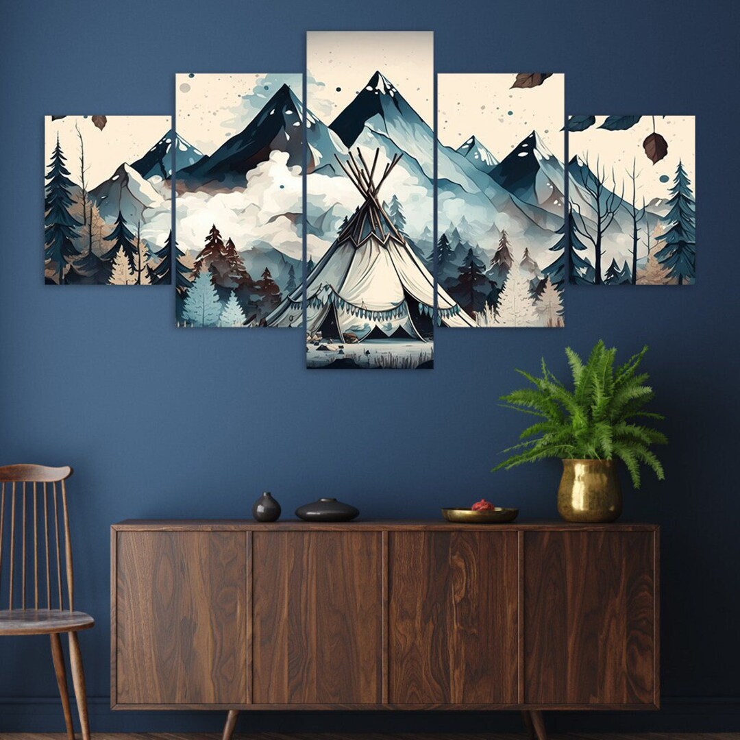 Abstract Native American Tipi Forest Scenery 5 Piece Canvas Wall Art ...