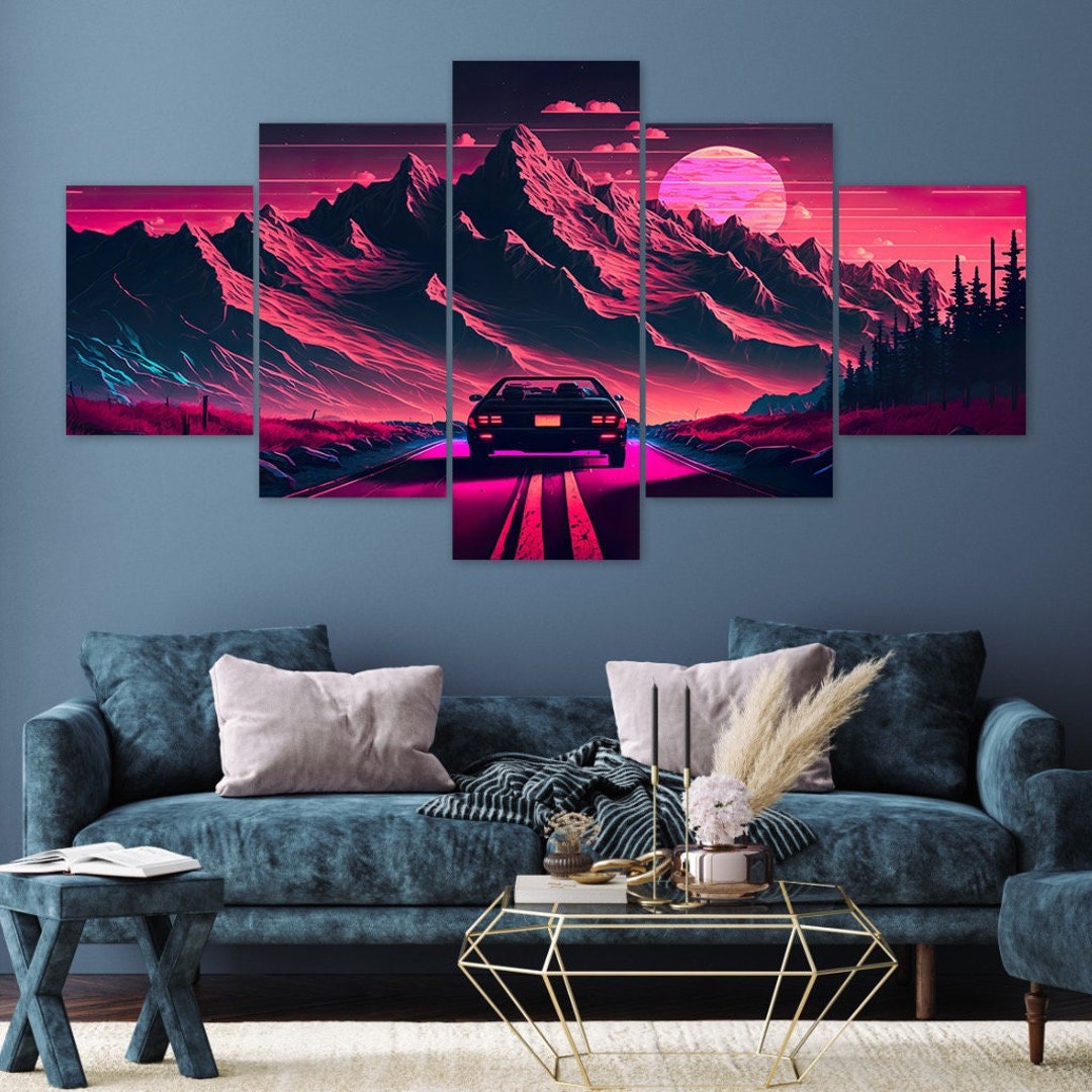 Outrun Car Mountain Road Landscape 5 Piece Canvas Wall Art Framed Multi ...