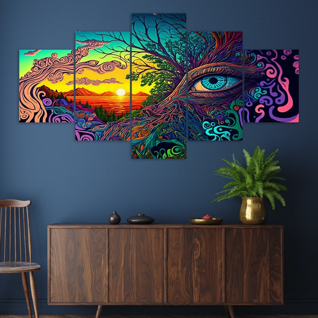Abstract Psychedelic All Seeing Eye 5 Piece Canvas Wall Art Framed ...