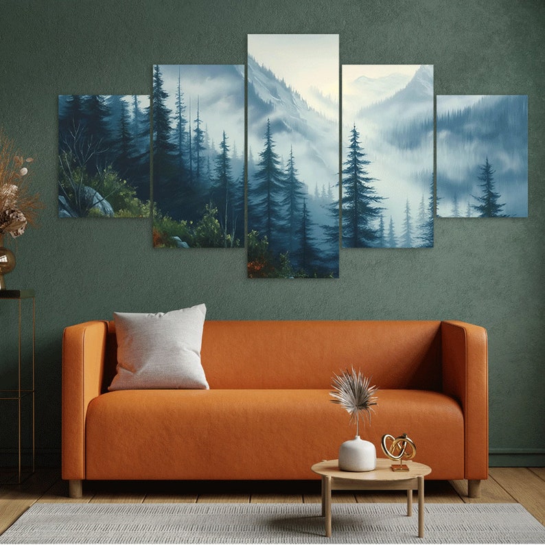 Misty Mountain Forest Canvas Wall Art, 5 Piece Multi Panel Print - Etsy
