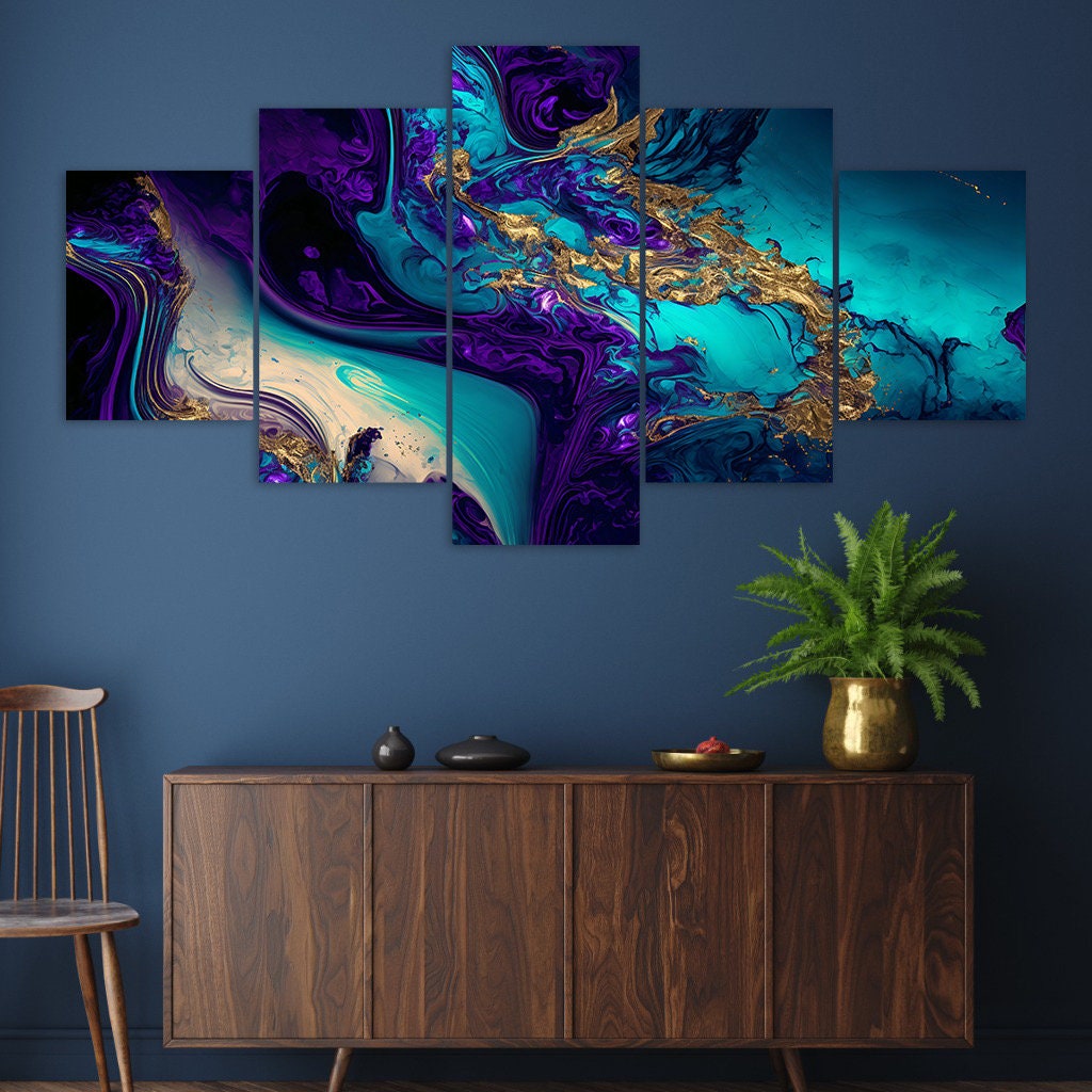 Aquamarine Purple Gold Marble Abstract Patterns 5 Piece Canvas - Etsy