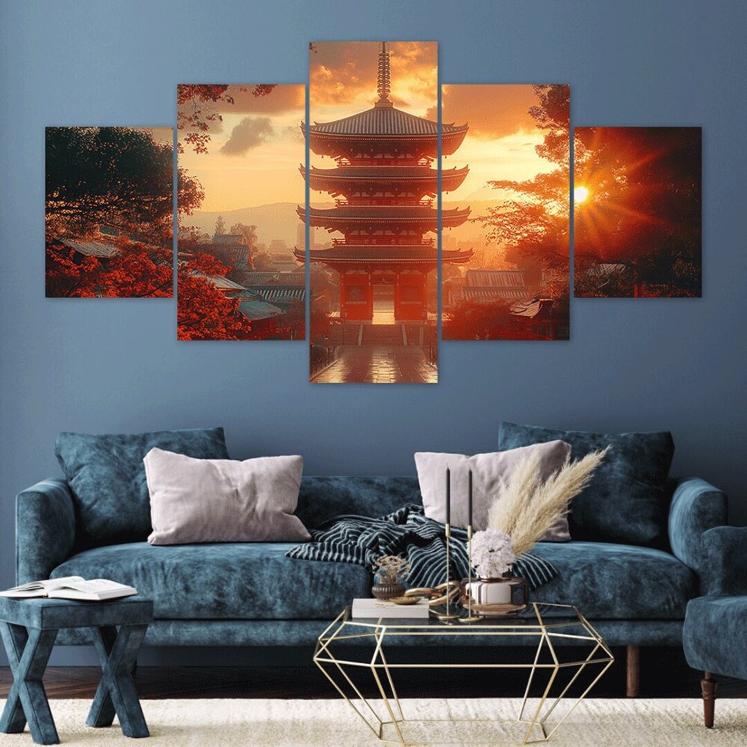 Pagoda Temple Sunset Scenery 5 Piece Canvas Wall Art Framed Multi Panel ...