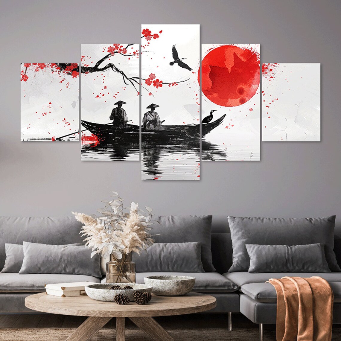 Japanese Fisherman Canvas Wall Art | Red Sun Scenery, 5 Panel Print - Etsy