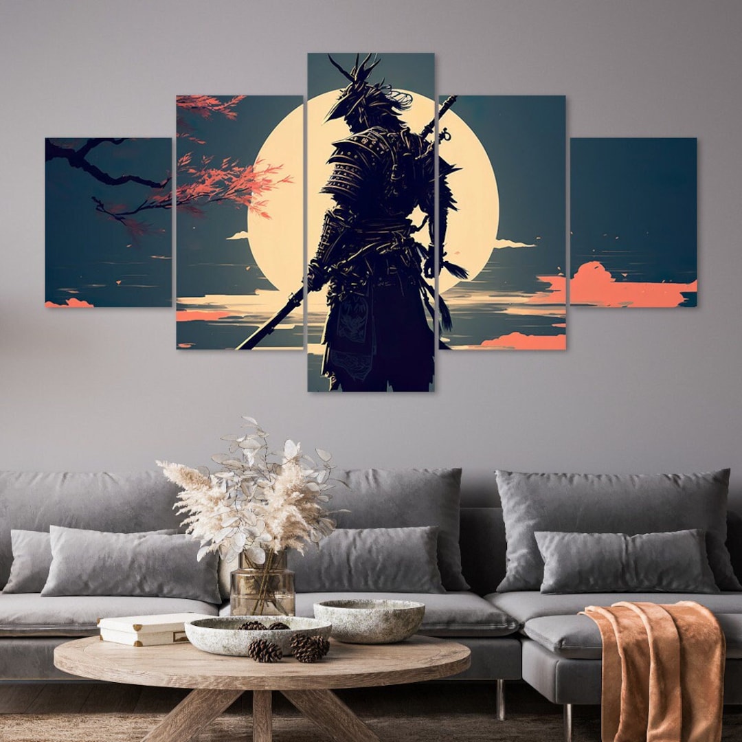 Samurai Figure Full Moon Scenery 5 Piece Canvas Wall Art Framed Multi ...