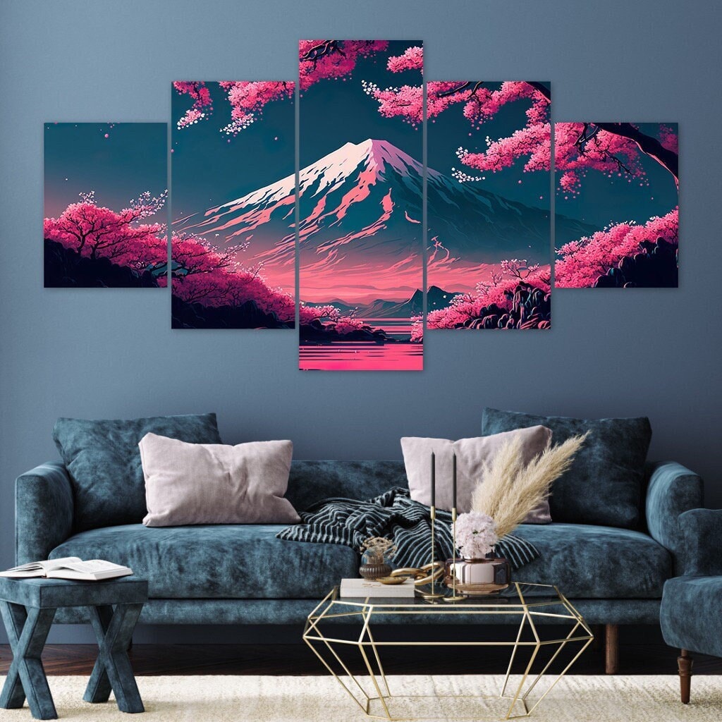 Mount Fuji Pink Sakuras Night Sky 5 Piece Canvas Wall Art - Etsy