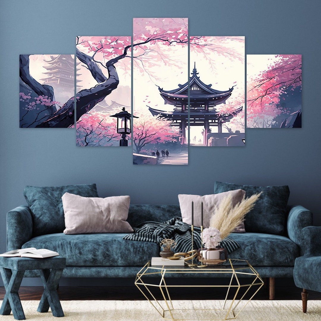 Japanese Temple Sakura Trees Scenery 5 Piece Canvas Wall Art Framed ...