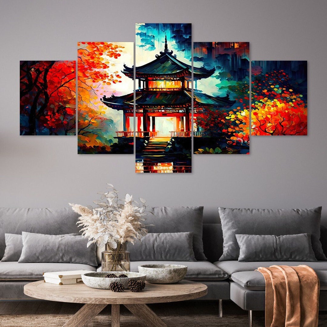 Beautiful Abstract Temple Scenery 5 Piece Canvas Wall Art Framed Multi ...