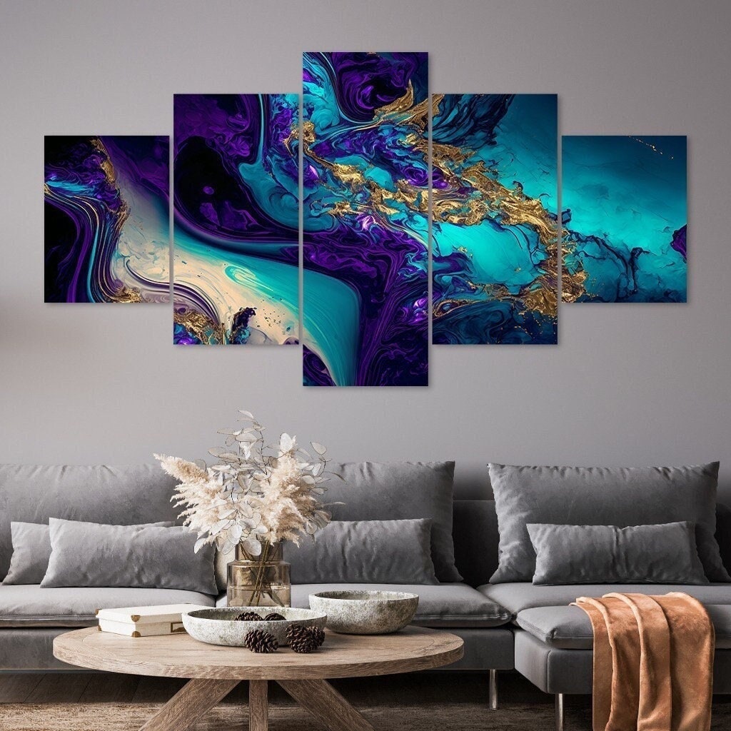 Aquamarine Purple Gold Marble Abstract Patterns 5 Piece Canvas - Etsy