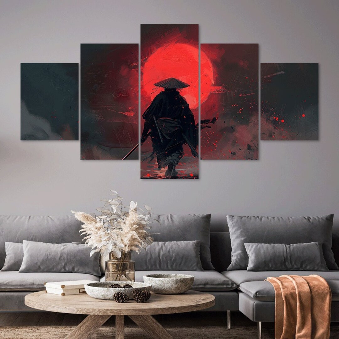 Samurai Red Moon Canvas Wall Art, 5 Panel Japanese Decor - Etsy