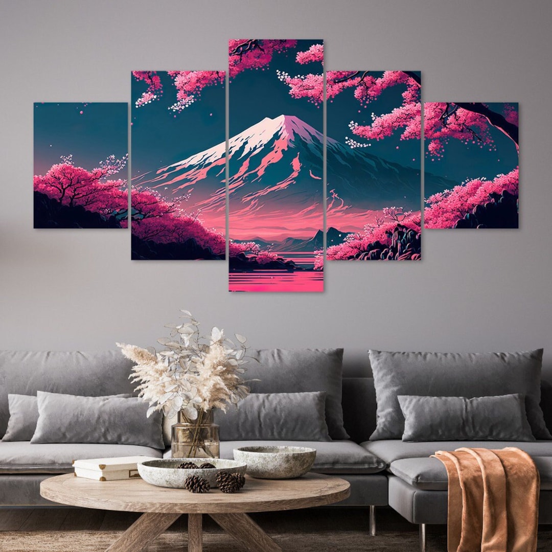 Mount Fuji Pink Sakuras Night Sky 5 Piece Canvas Wall Art Framed Multi ...