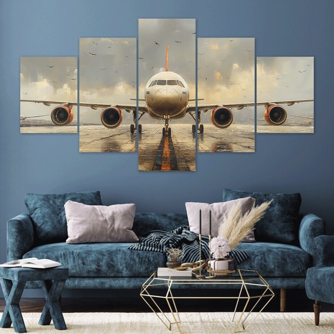 Airplane on Runway Canvas Print | Modern Aviation Wall Art, 5 Panel - Etsy