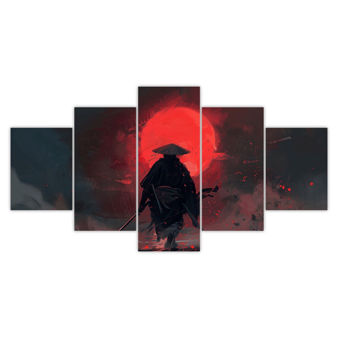 Samurai Red Moon Canvas Wall Art, 5 Panel Japanese Decor - Etsy