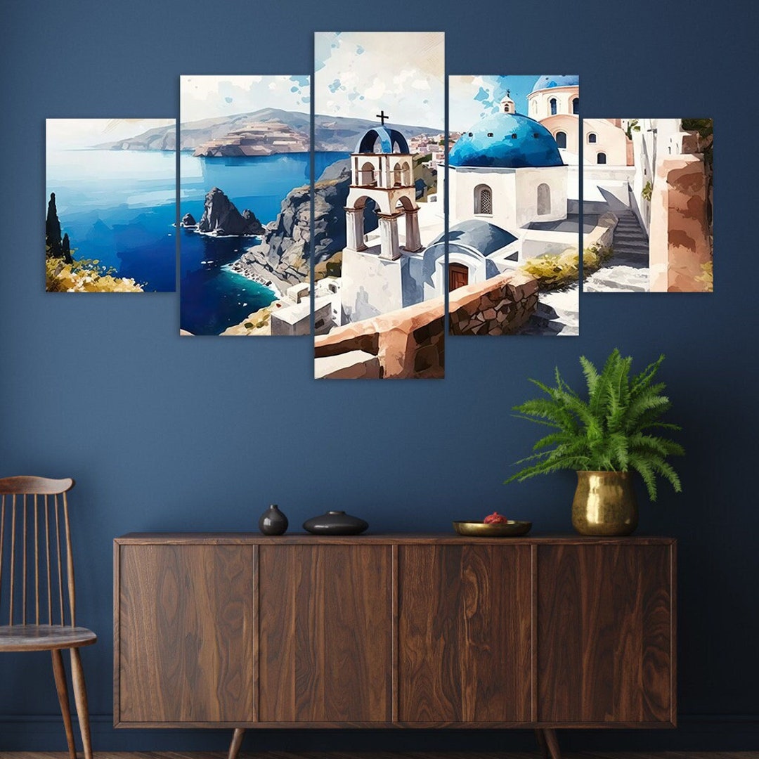 Santorini Town Greece 5 Piece Canvas Wall Art Framed Multi Panel Prints ...