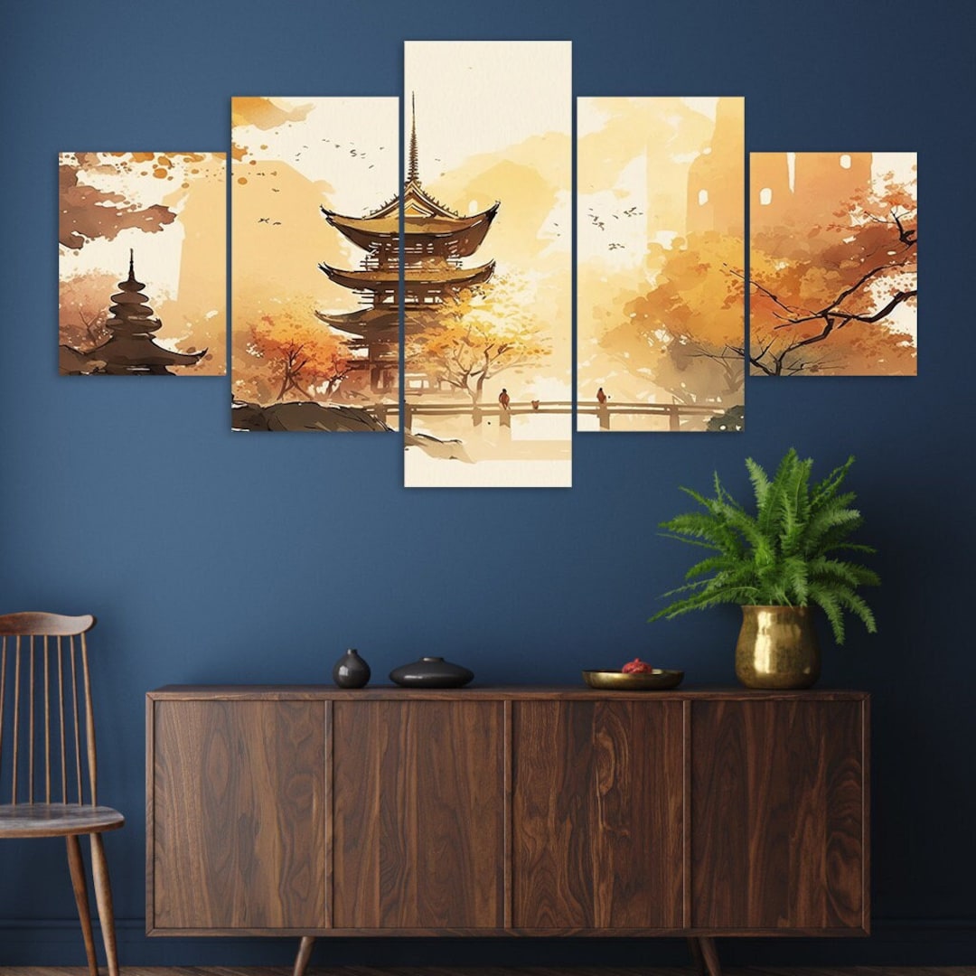 Golden Japanese Temple Scenery 5 Piece Canvas Wall Art Framed Multi ...