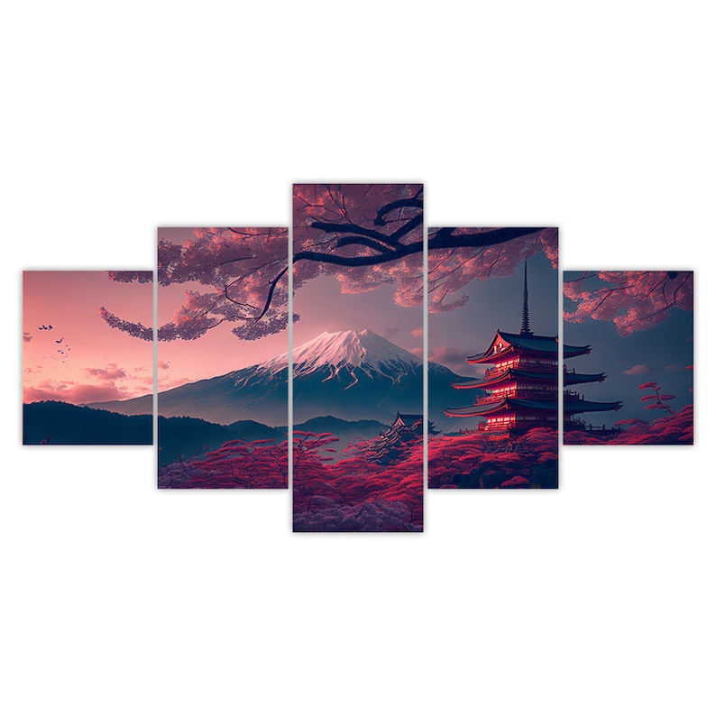 Mount Fuji Cherry Blossom Pink Sky 5 Piece Canvas Wall Art - Etsy