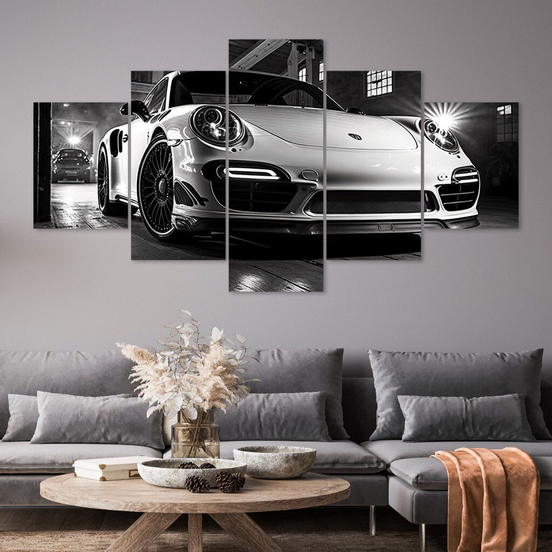 White Porsche Inside Garage 5 Piece Canvas Wall Art Framed Multi Panel ...