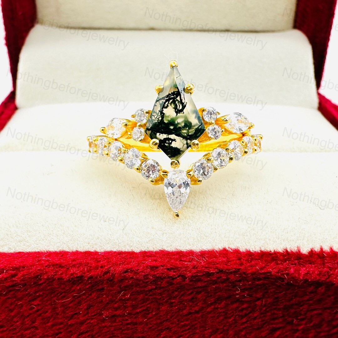Vintage Kite Cut Green Moss Agate Engagement Ring Set 14k Yellow Gold ...