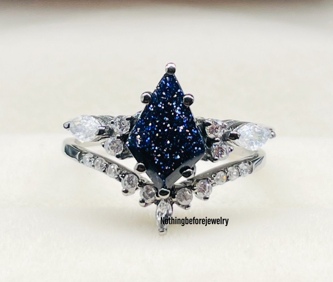 Vintage Blue Sandstone Ring Set, Engagement Wedding Ring Set, Unique ...