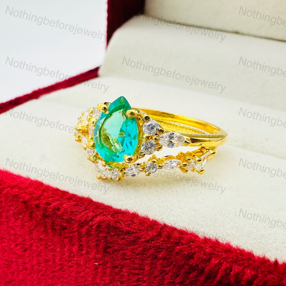 Pear Shaped Emerald Engagement Ring Set Vintage Engagement Ring Woman ...