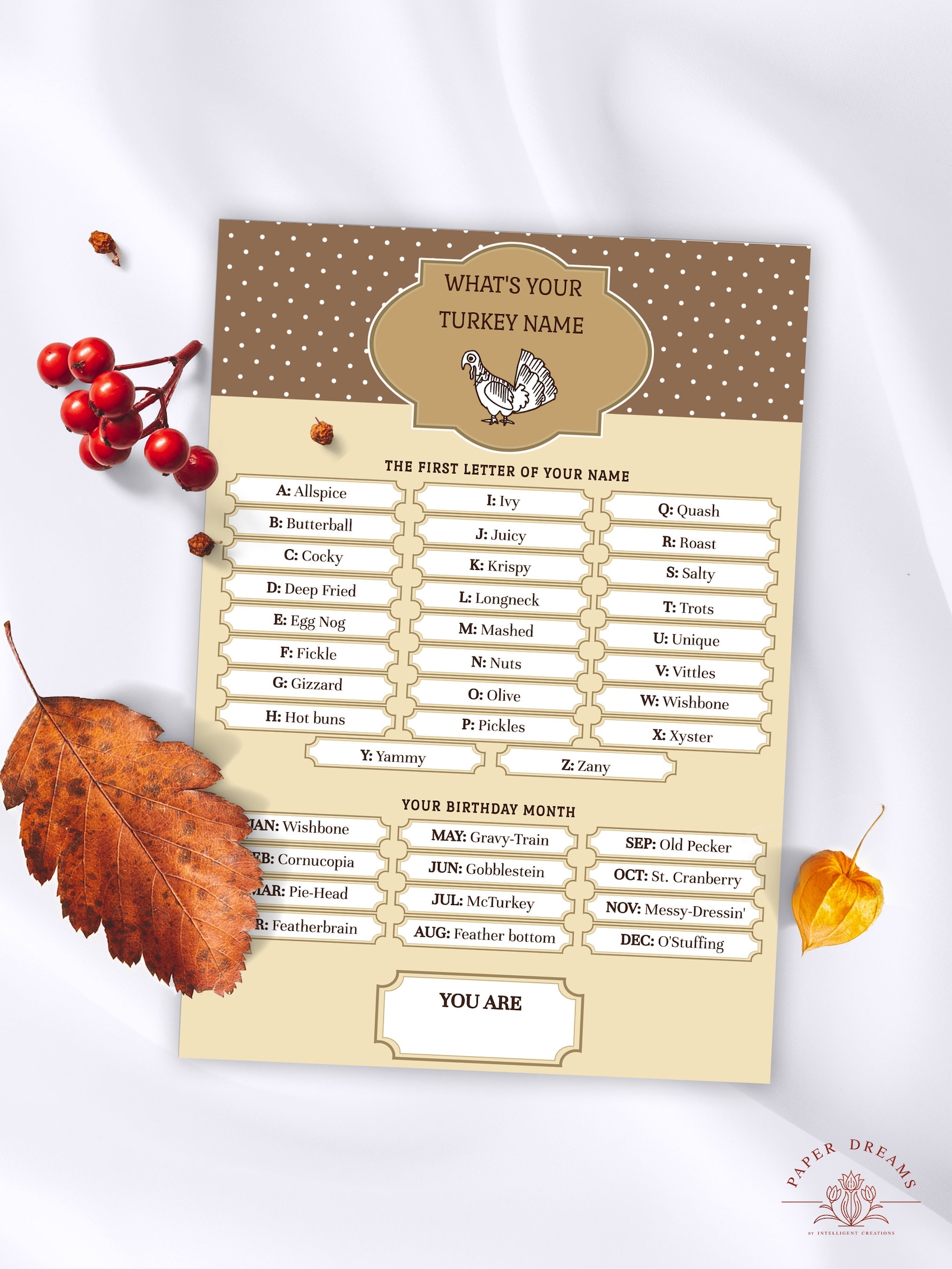 Whats Your Turkey Name Game, Printable Holiday Games for Adults and ...