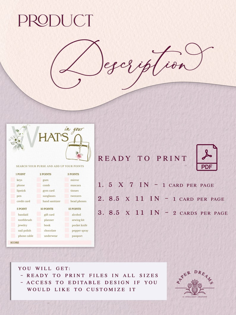 Whats in Your Purse Game, Whats in My Purse Scavenger Hunt Game, Ladies ...