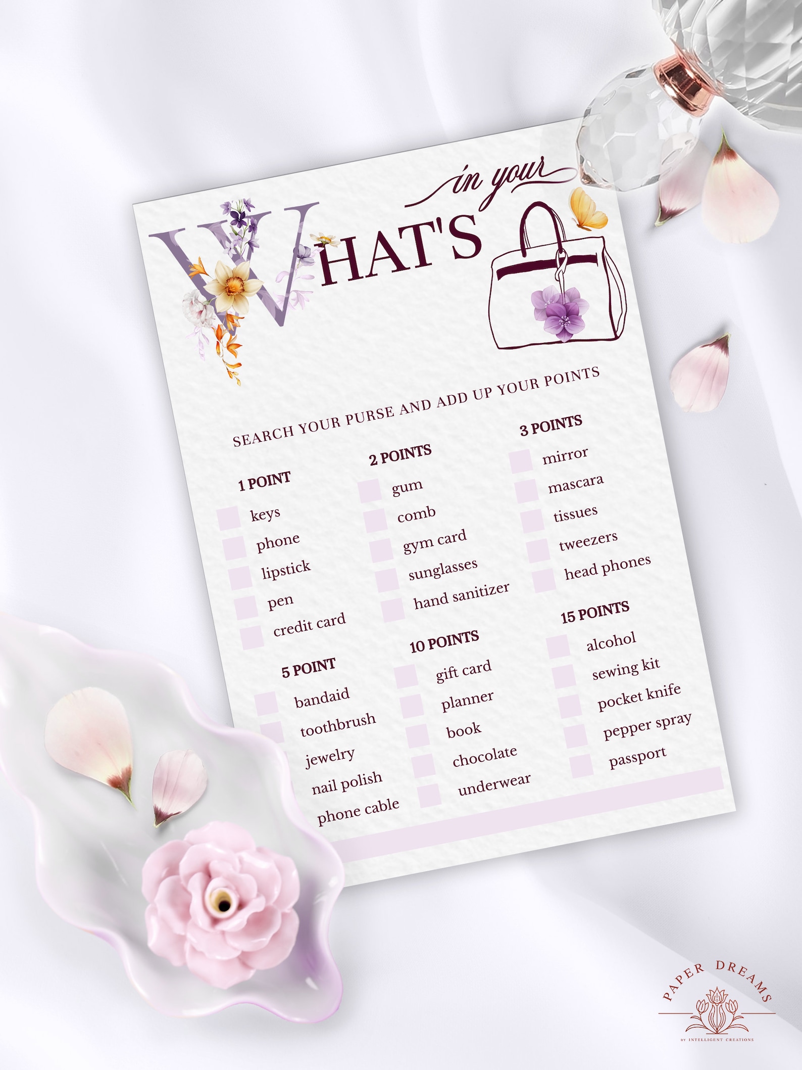 Whats in Your Purse Game, Whats in My Purse Scavenger Hunt Game, Ladies ...