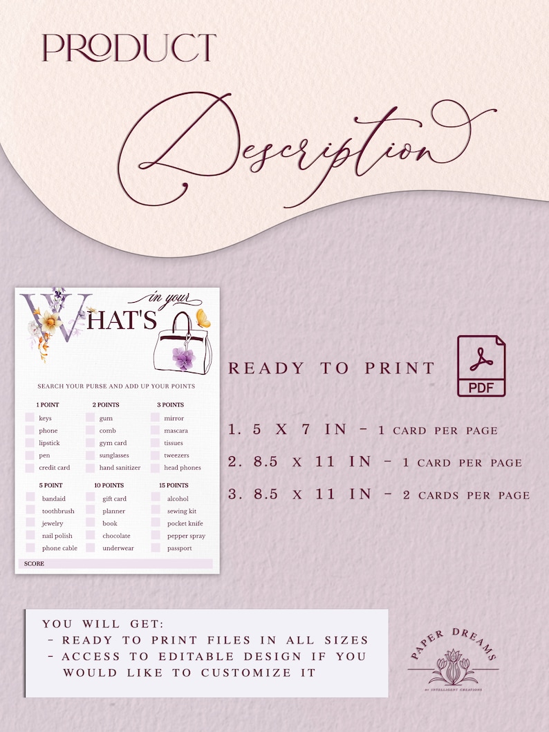 Whats in Your Purse Game, Whats in My Purse Scavenger Hunt Game, Ladies ...