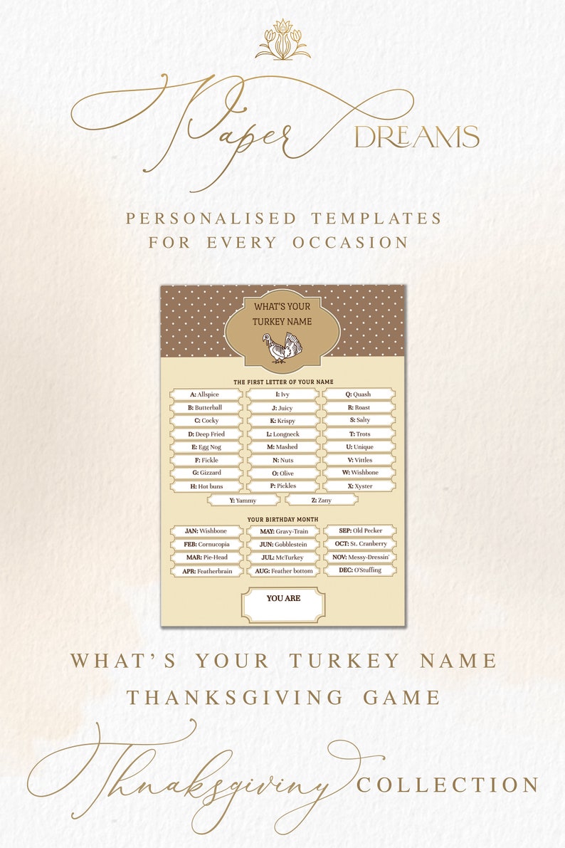 Whats Your Turkey Name Game, Printable Holiday Games for Adults and ...