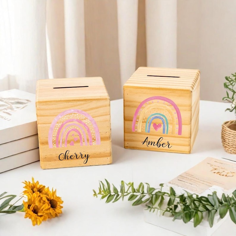 Custom Child Money Box, Wooden Kids Piggy Bank, Rainbow Name Money Box ...