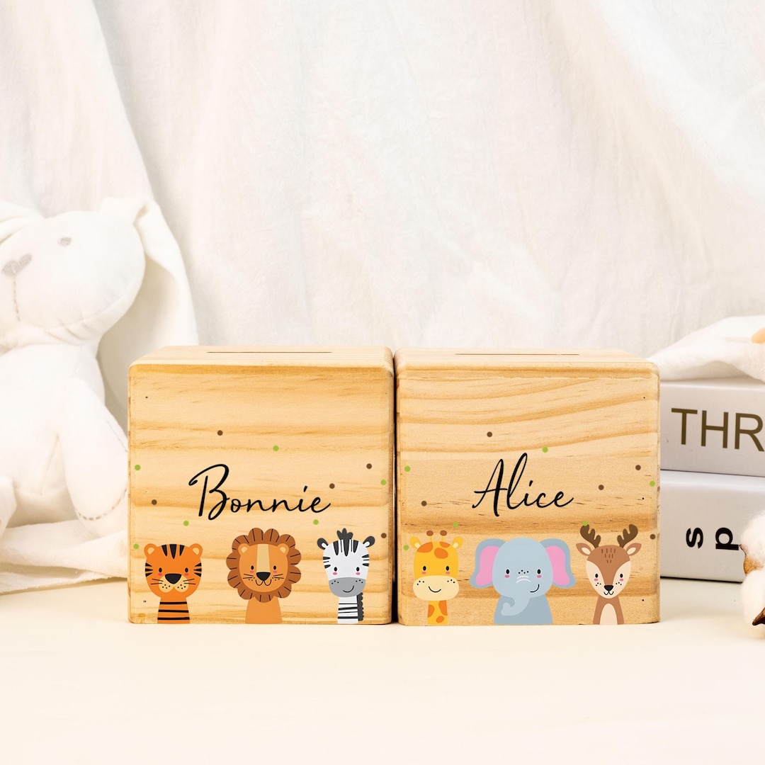 Personalized Wooden Baby Money Box, Child Piggy Bank, Custom Baby Money ...