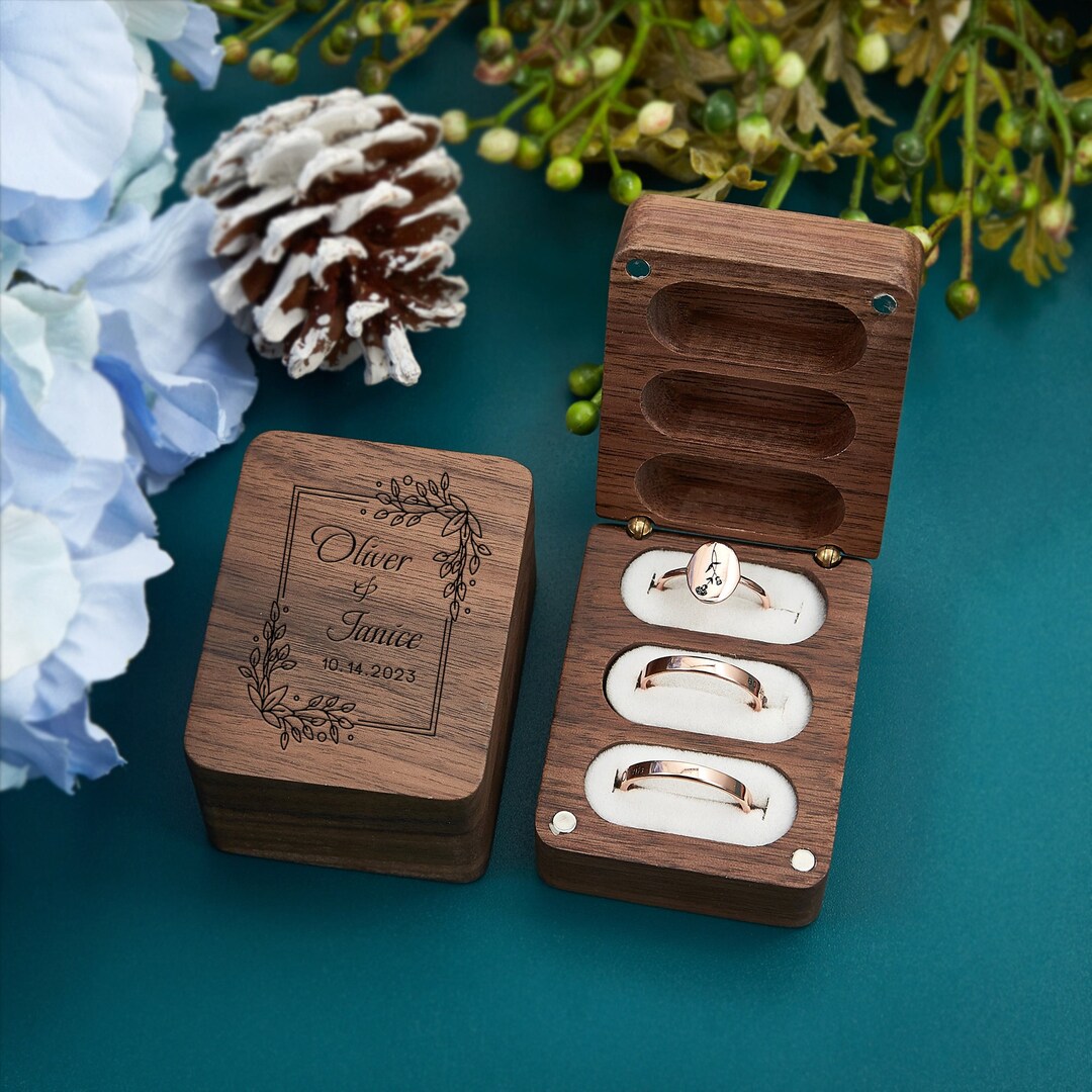 Custom Engraving Triple Flip Ring Box,wood Wedding Ring Box for 3 Rings ...