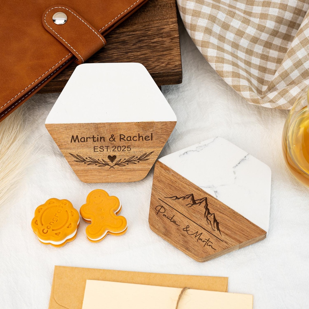 Marble Wooden Coasters, Engraved Custom Coasters, Personalized Gift ...