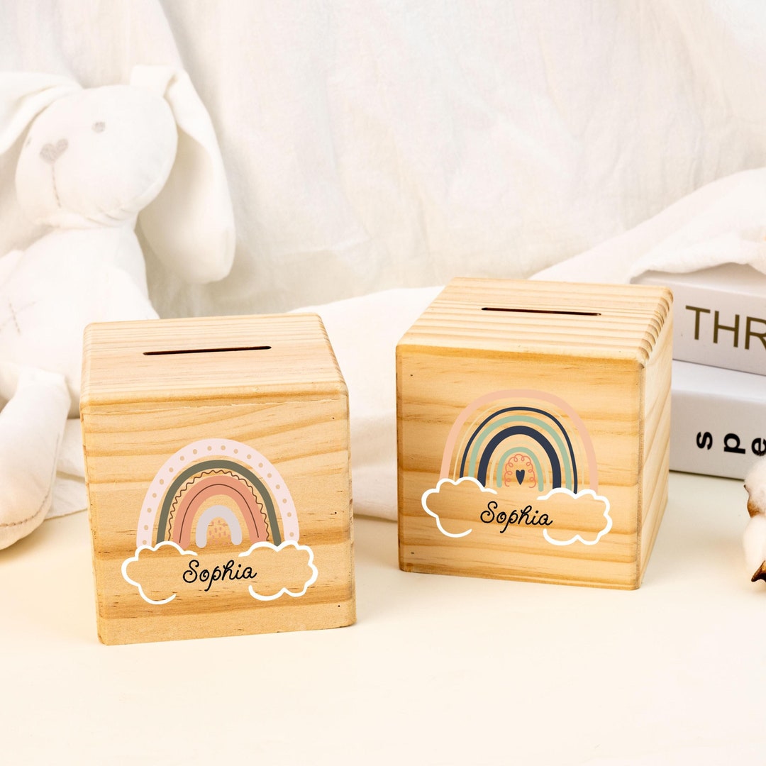 Personalized Child Money Box, Wooden Piggy Bank, Rainbow Money Box ...