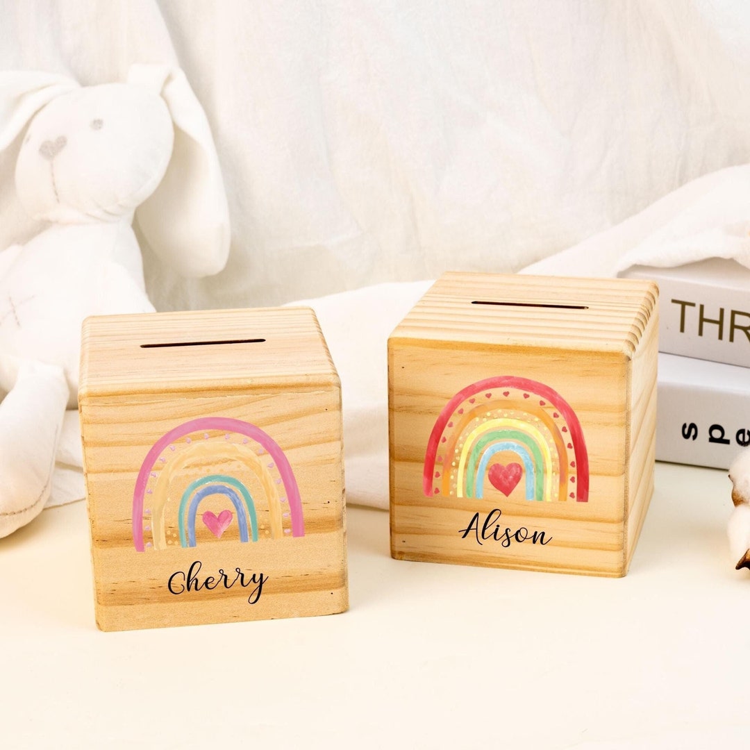 Personalized Wooden Child Money Box, Kids Piggy Bank With Rainbow Name ...