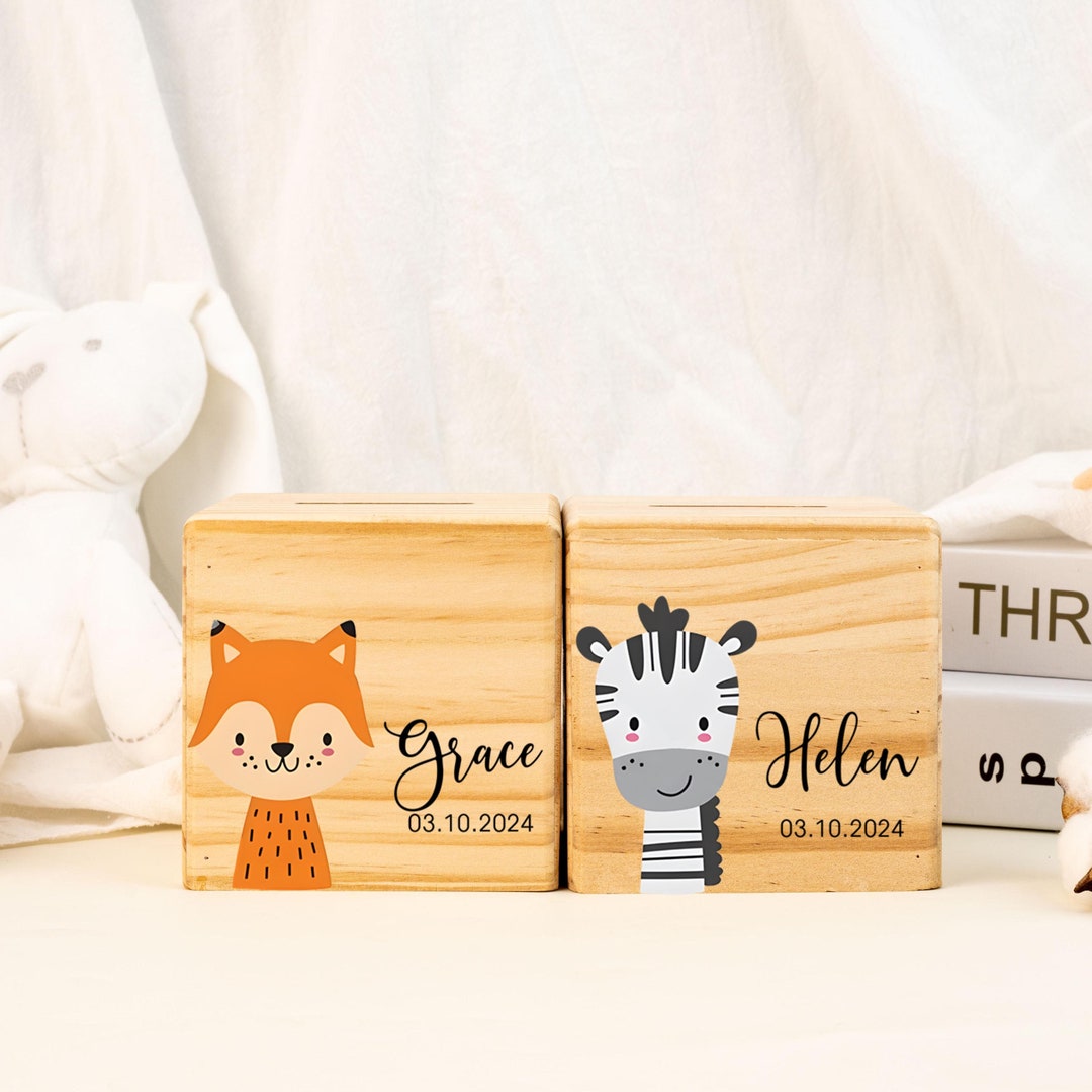 Personalized Child Money Box, Wooden Piggy Bank, Baby Girls Boys Money ...