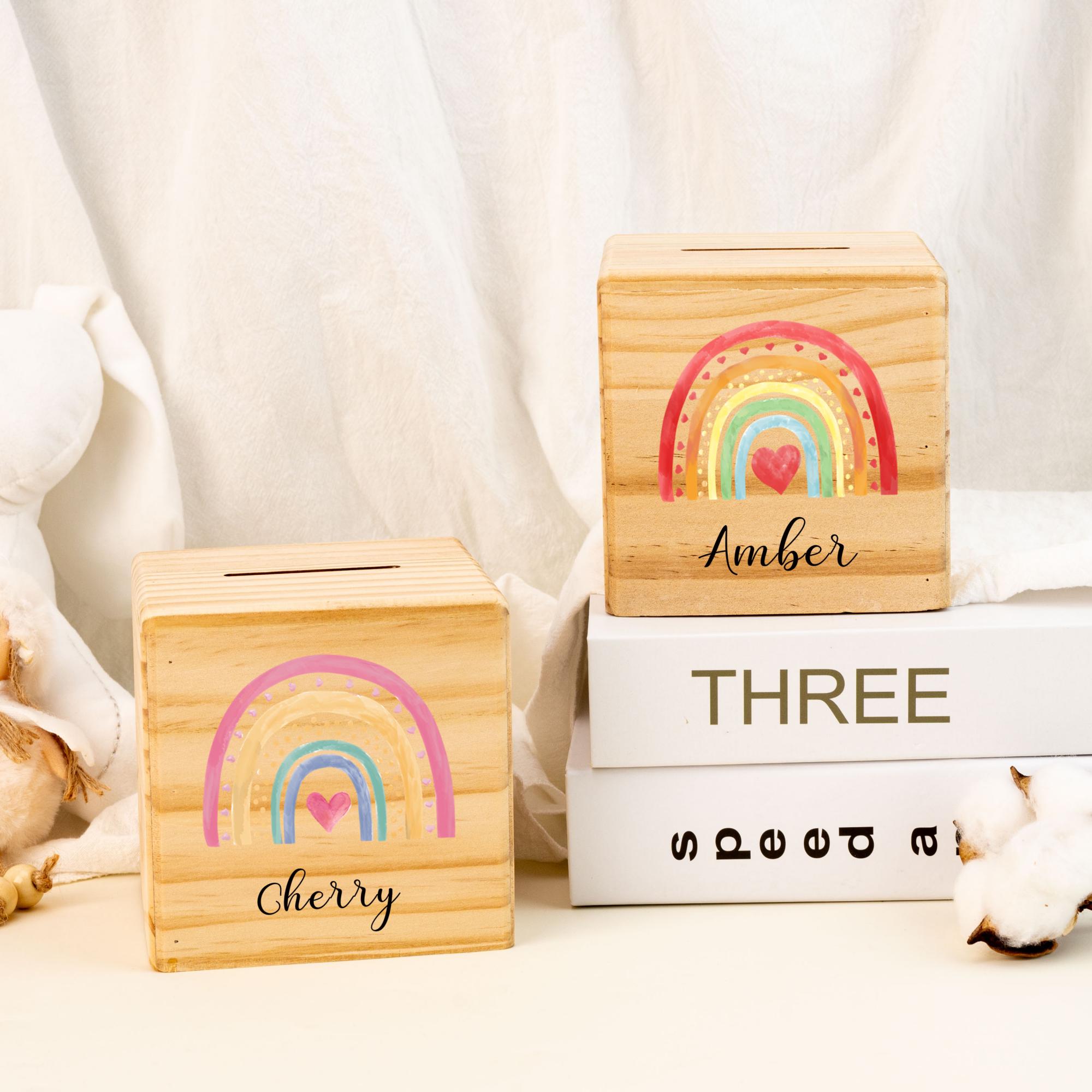 Custom Child Money Box, Wooden Kids Piggy Bank, Rainbow Name Money Box ...