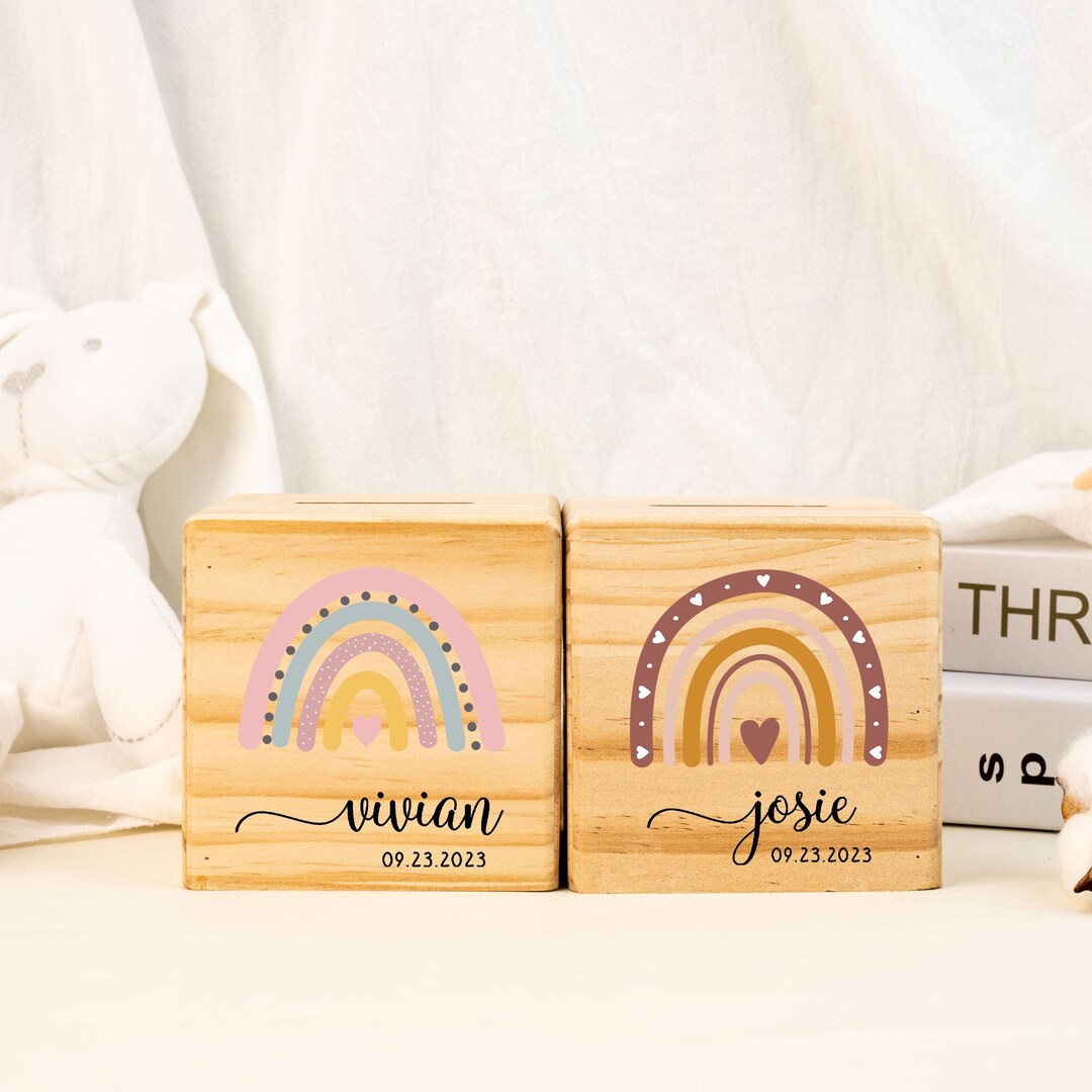 Custom Rainbow Name Money Box, Wood Piggy Bank, Rainbow Money Box ...