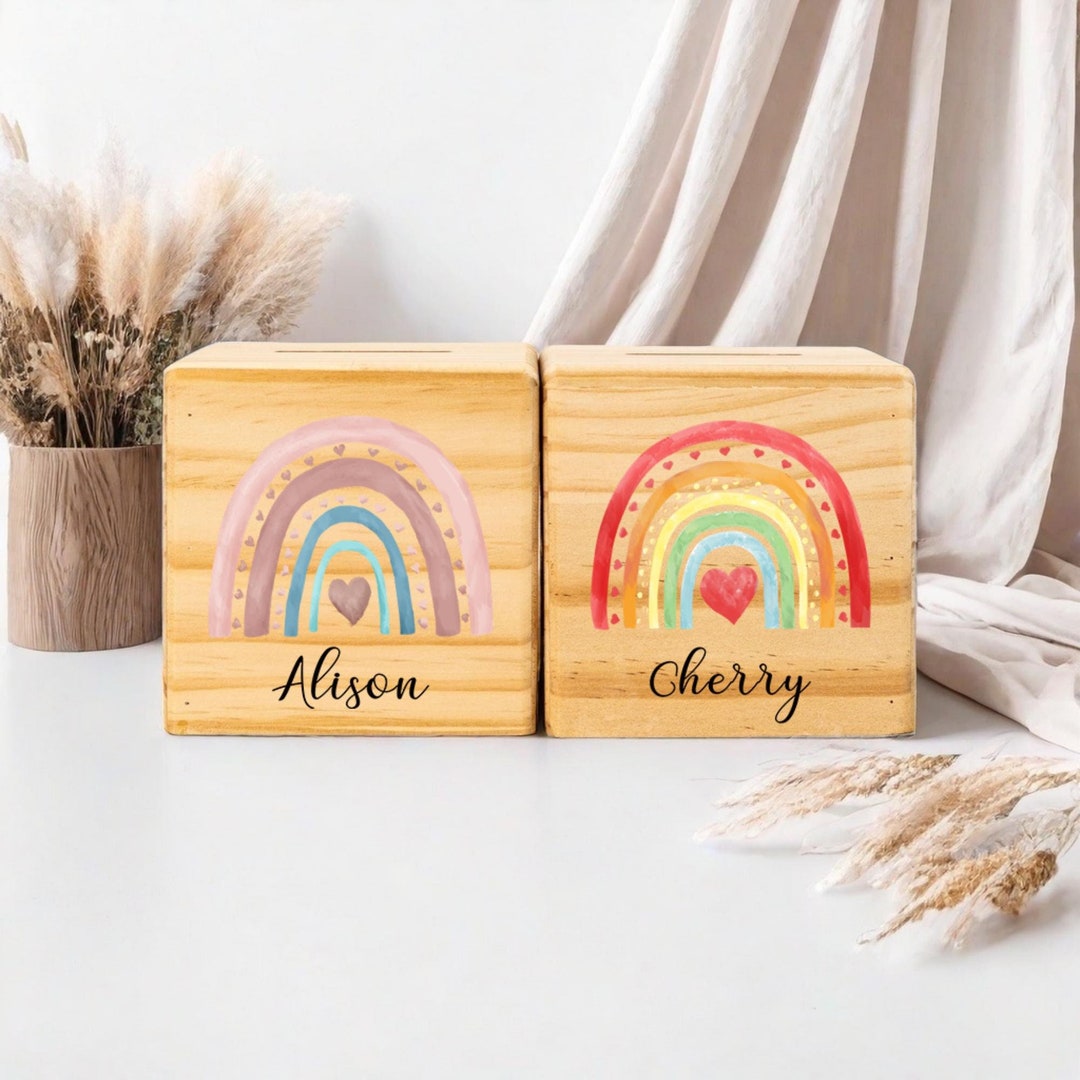Custom Child Money Box, Wooden Kids Piggy Bank, Rainbow Name Money Box ...