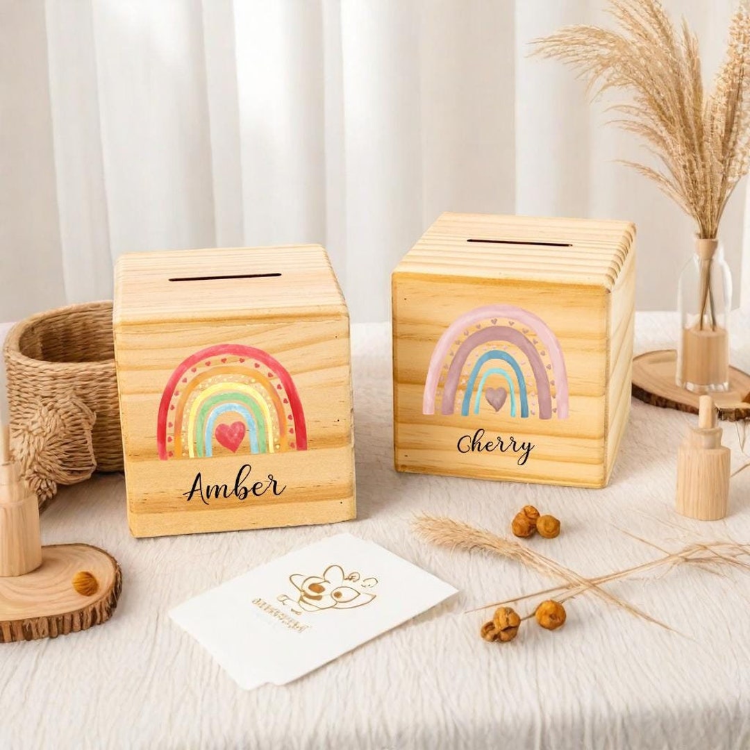 Wooden Child Money Box, Cute Kids Piggy Bank With Rainbow, Money Box ...