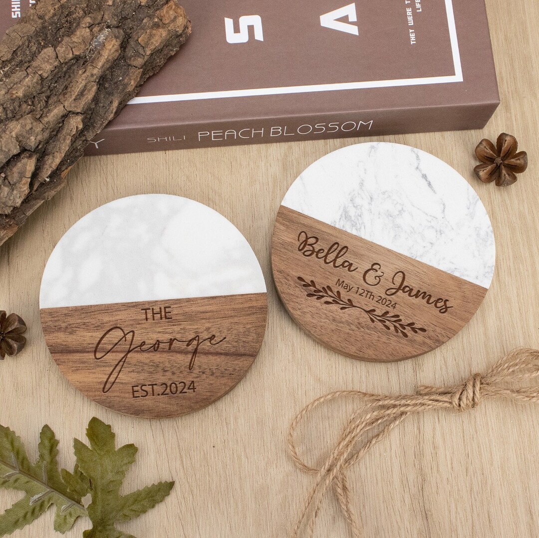 Personalized Engraved Marble Wood Coaster Set,custom Engraved Coasters ...