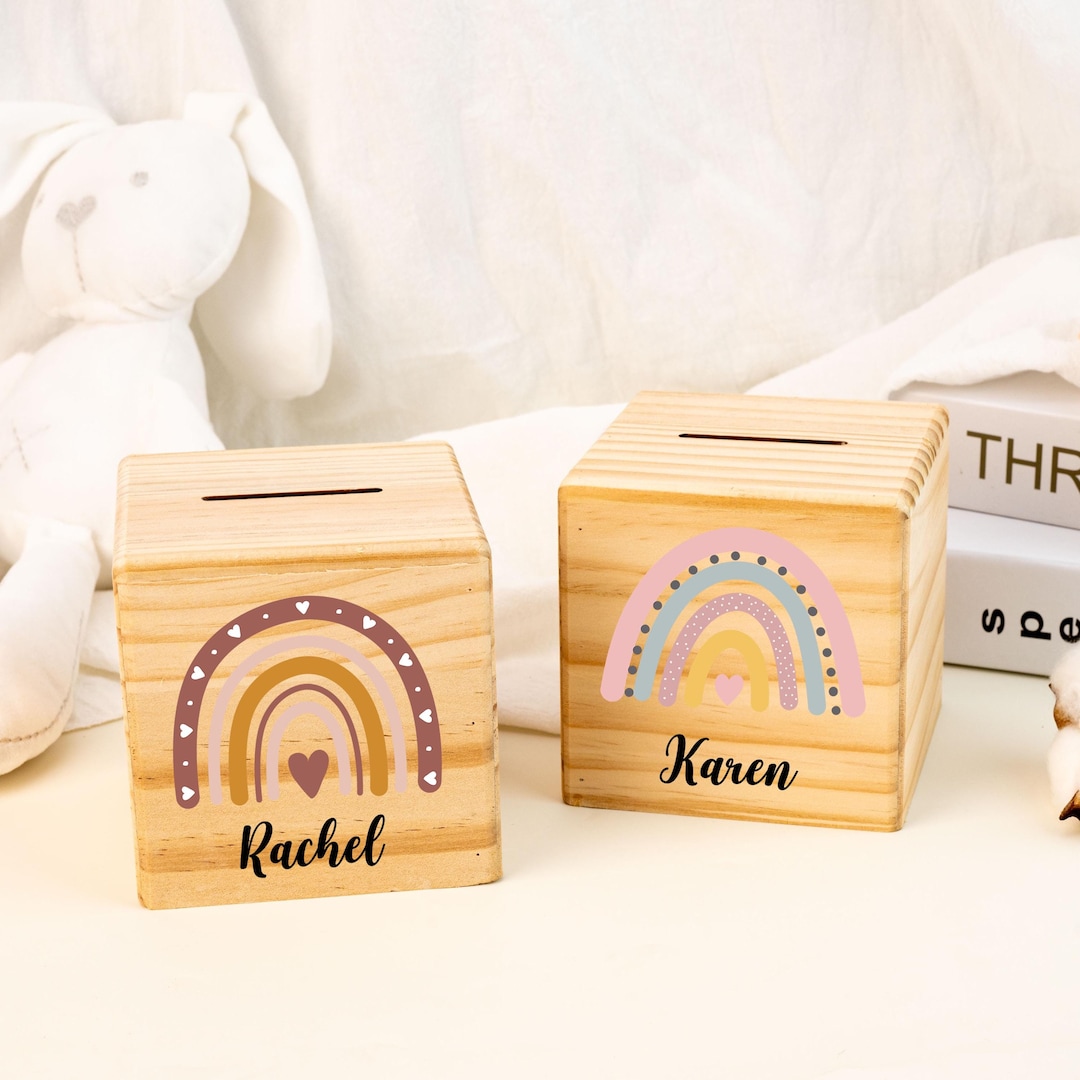 Personalized Wooden Piggy Bank, Children Money Box With Rainbow, Child ...