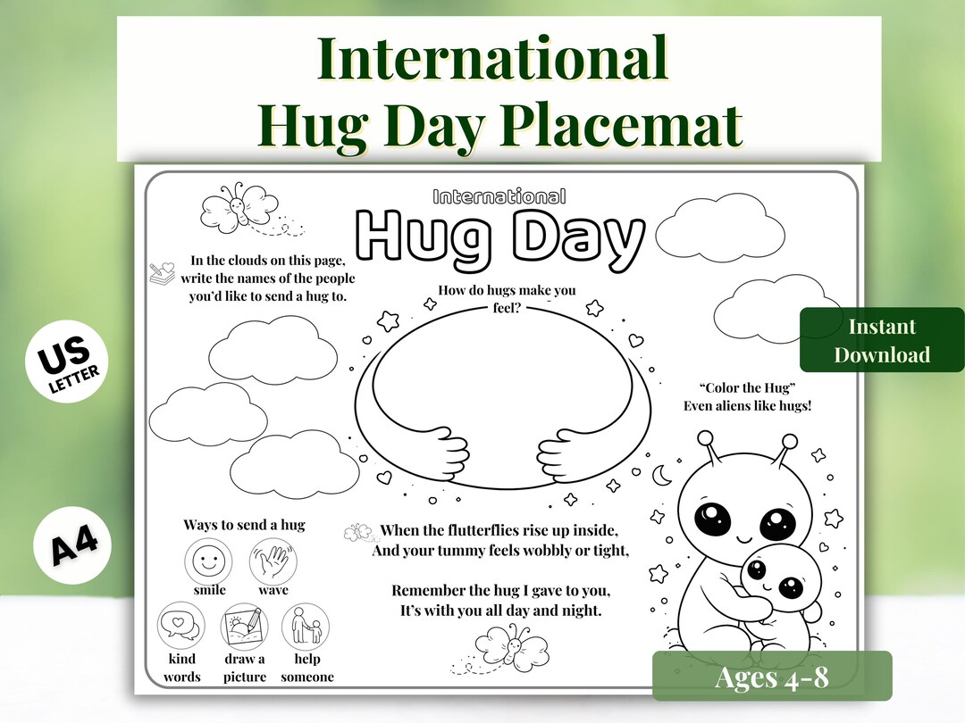 Hug Day Activity Placemat | Kids' Coloring Page (digital Download A4/US ...