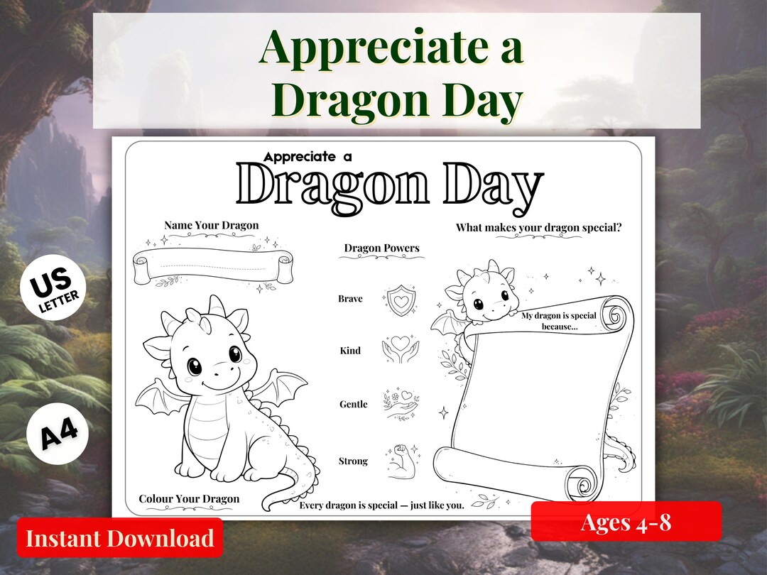 Dragon Coloring Page | Kindness Activity Worksheet (ages 4-8) (digital ...